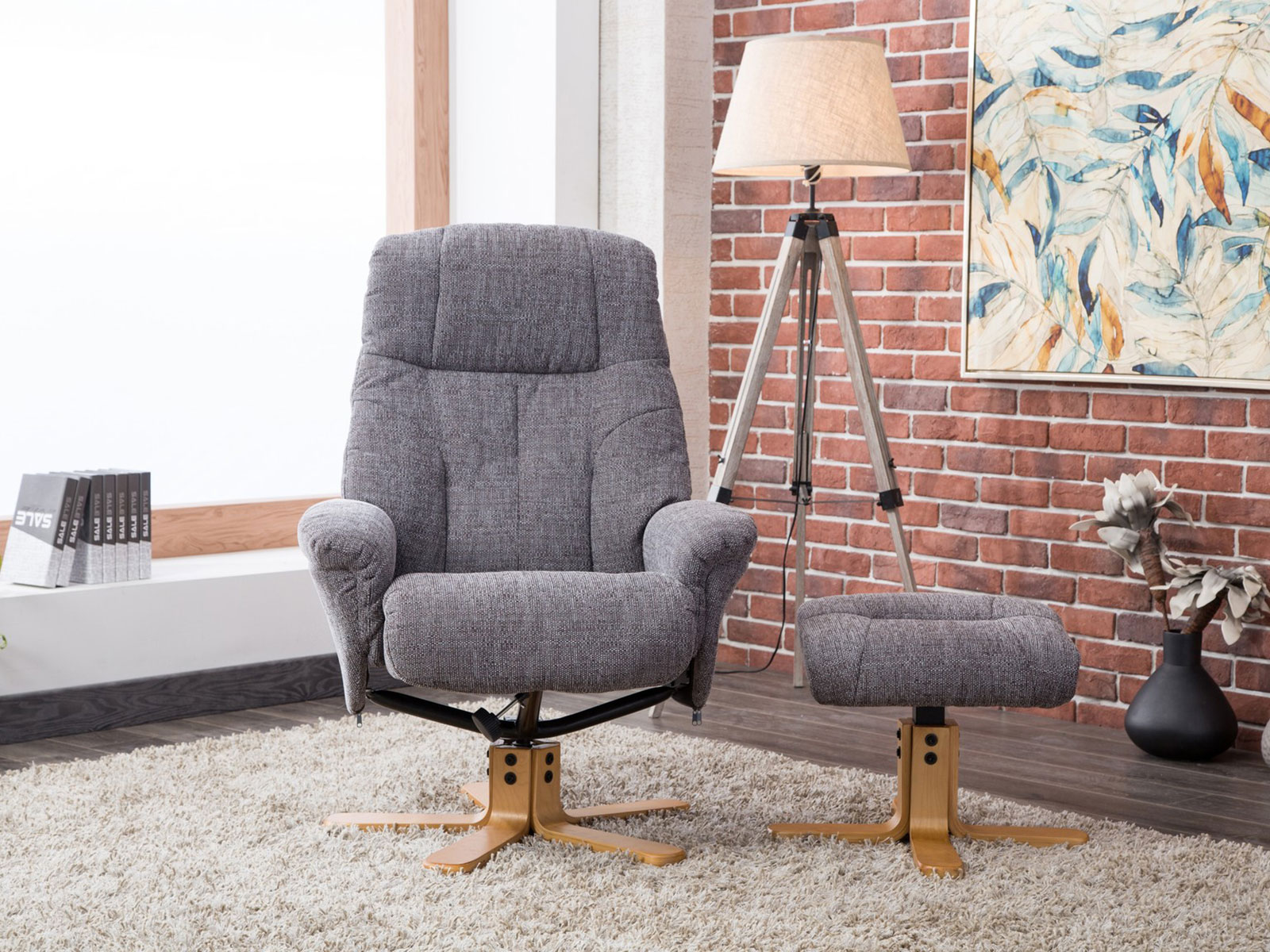 GFA Dubai Swivel Chair & Footstool in Lisbon Grey Fabric