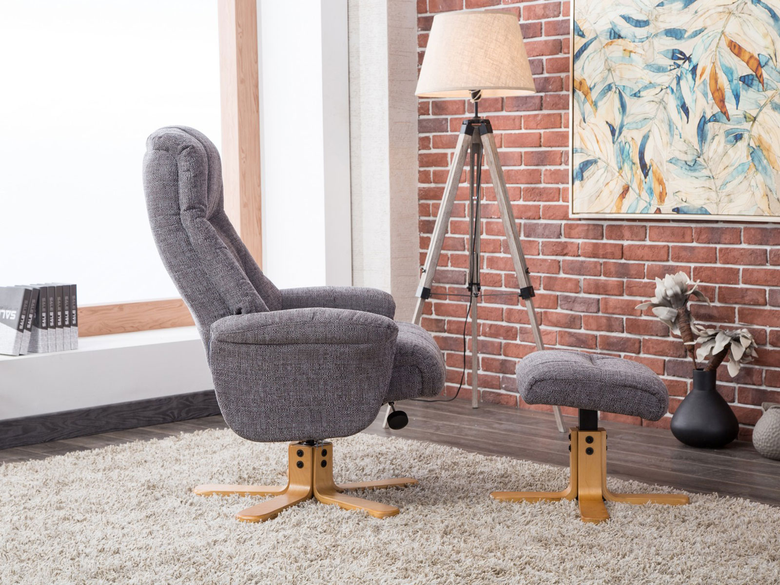 GFA Dubai Swivel Chair & Footstool in Lisbon Grey Fabric