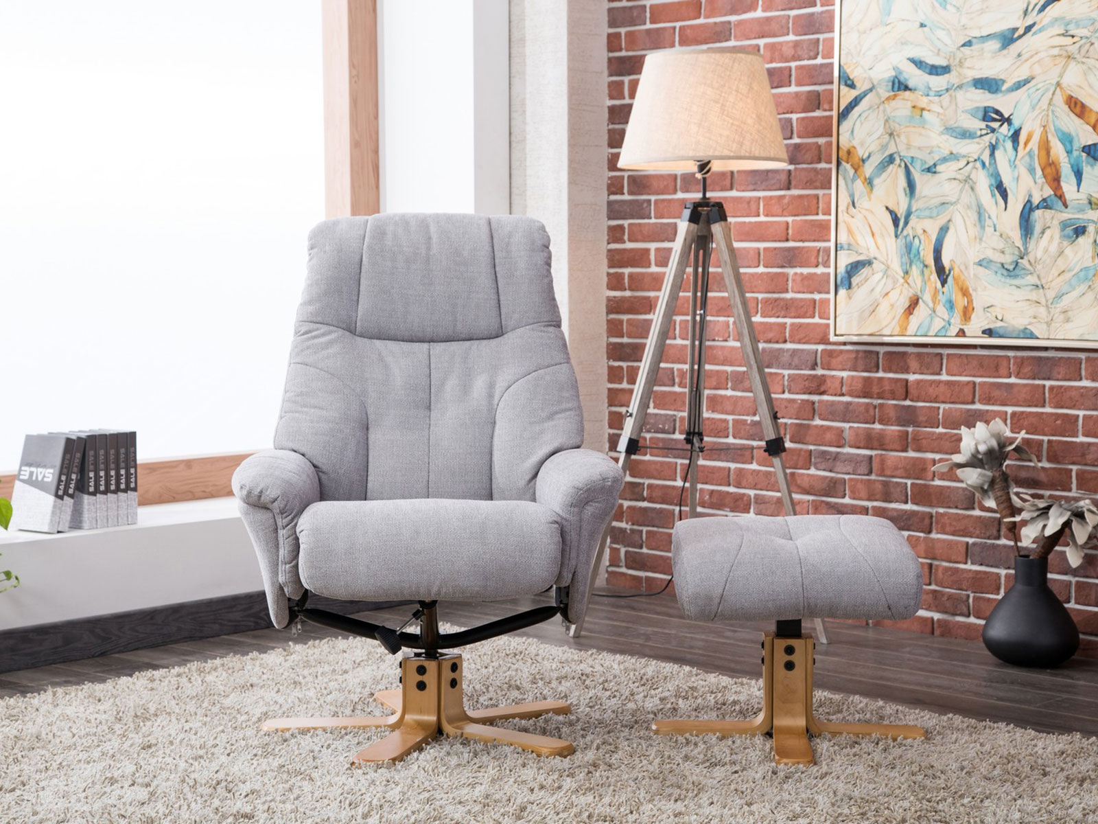 GFA Dubai Swivel Chair & Footstool in Lisbon Silver Fabric